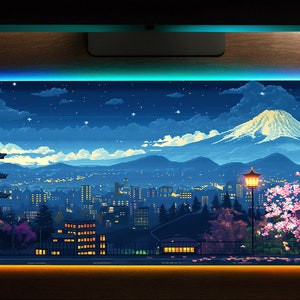 Pixel Art Desk Mat, Scenic Japanese City at Night Led Gaming Mouse Pad ...