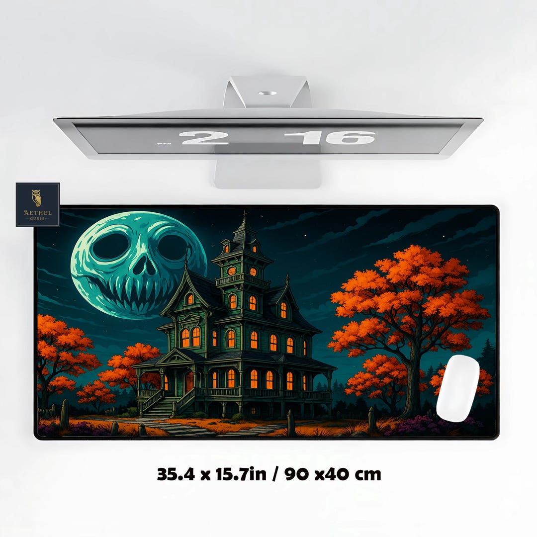 Haunted Mansion Desk Mat | Halloween Moon Horror RGB LED Gaming Mouse ...