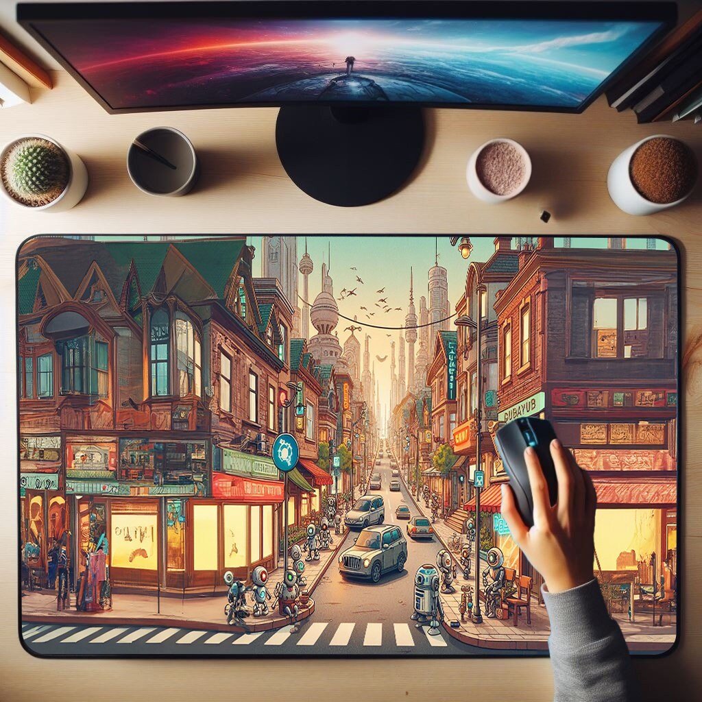 City of Robots Mouse Pad, Futuristic Desk Mat, Led Gaming Mouse Pad ...