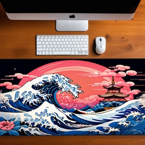 Japanese Kanagawa Great Wave Desk Mat, Great Wave and Temple Mouse Pad ...