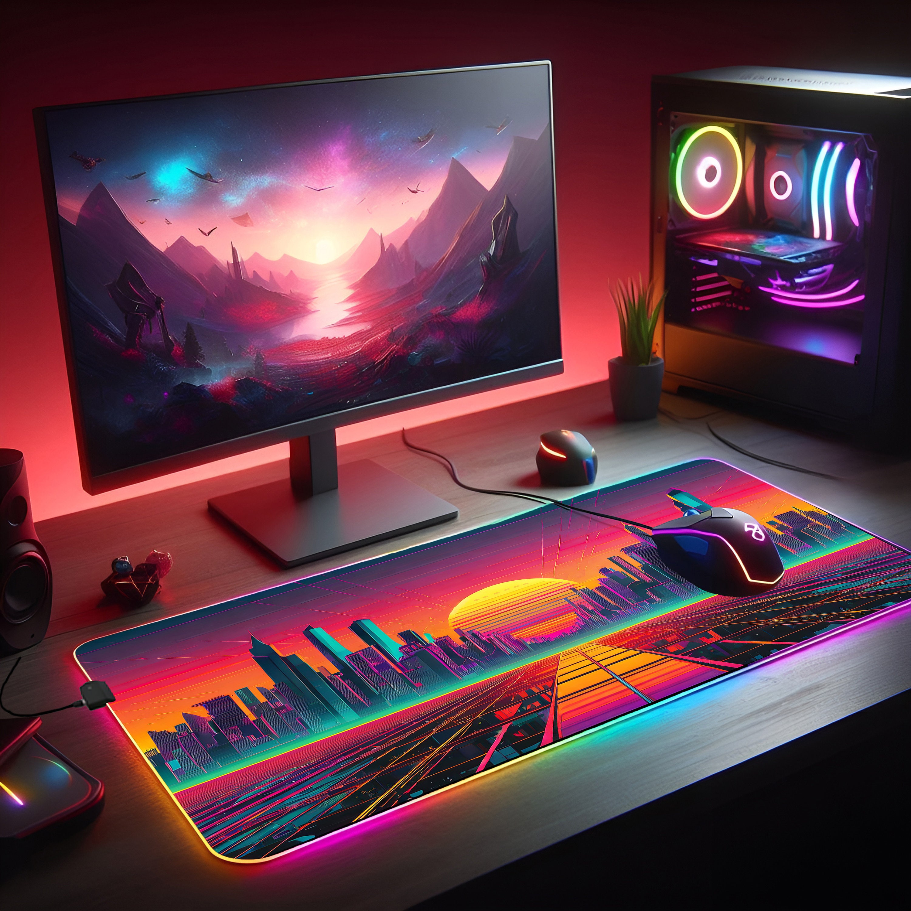 Retro Desk Mat, Futuristic Synthwave Retrowave Styled Mouse Pad, Sunset ...