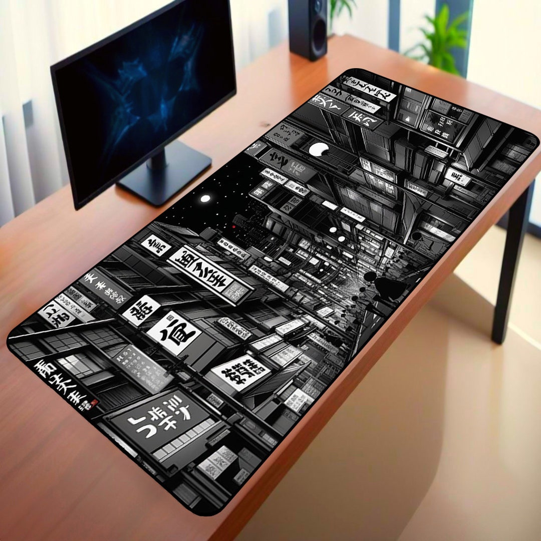 Black and White Mouse Pad, Japanese Street Desk Mat, Tokyo Street Desk ...