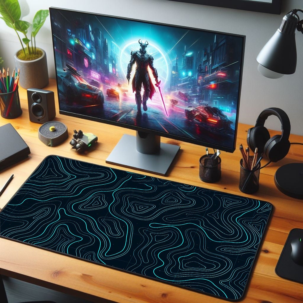 Dark Blue Topographic Desk Mat, Large Mouse Pad, XXL, Rgb, Led Gaming ...
