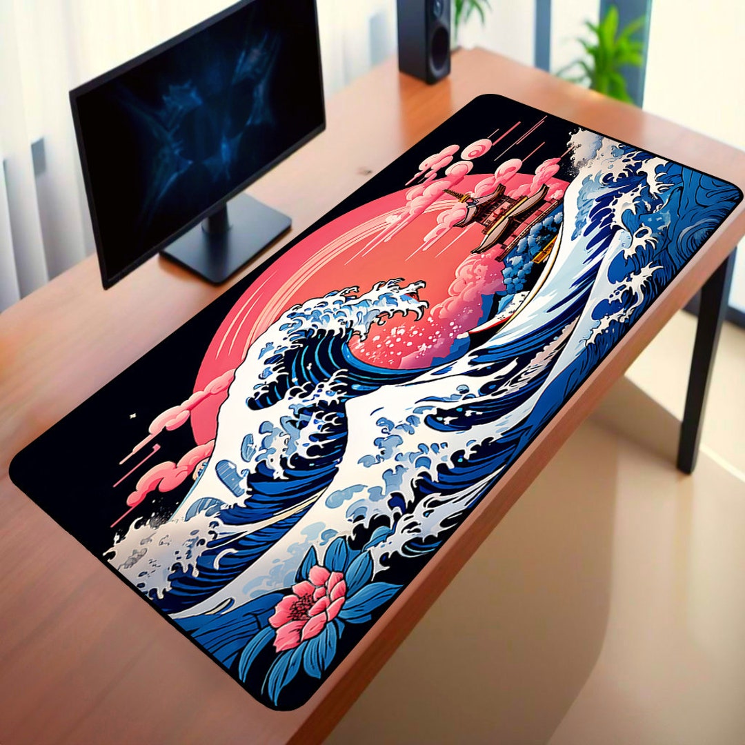 Japanese Kanagawa Great Wave Desk Mat, Great Wave and Temple Mouse Pad ...