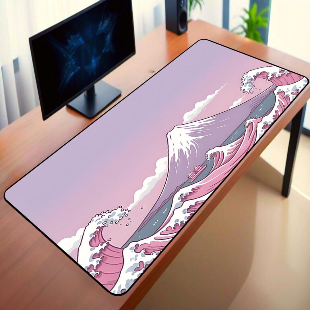 Kawaii Pink Desk Mat, Great Wave Fuji Mouse Pad, Pastel Colors Desk Pad ...