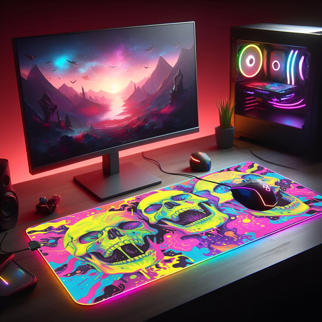 Neon Skulls Desk Mat, Vibrant Psychedelic Skull Led Gaming Mousepad ...