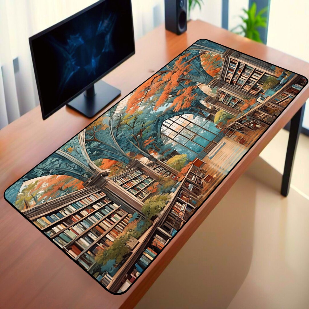 Forest Library Mouse Pad, Book and Tree House Desk Mat, Tree, XXL, Led Gaming Mouse Pad, Vintage ...