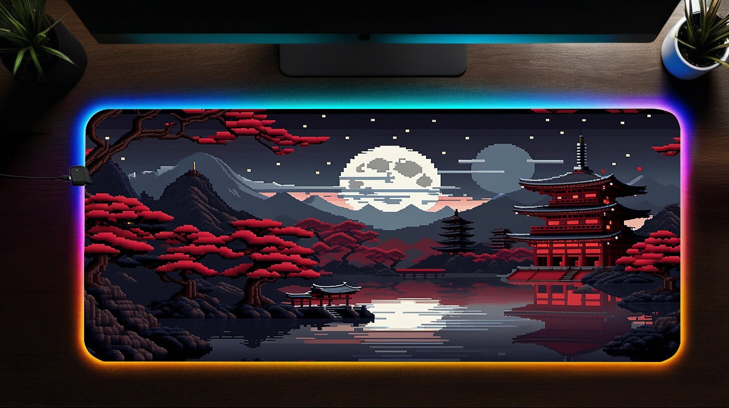 Pixel Art Desk Mat, Japanese Fantasy Led Gaming Mouse Pad, XXL Mouse ...