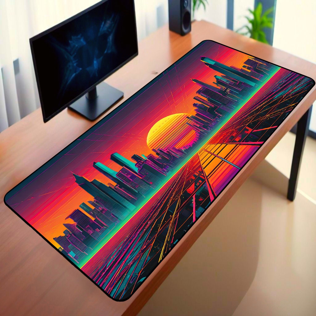 Retro Desk Mat, Futuristic Synthwave Retrowave Styled Mouse Pad, Sunset ...
