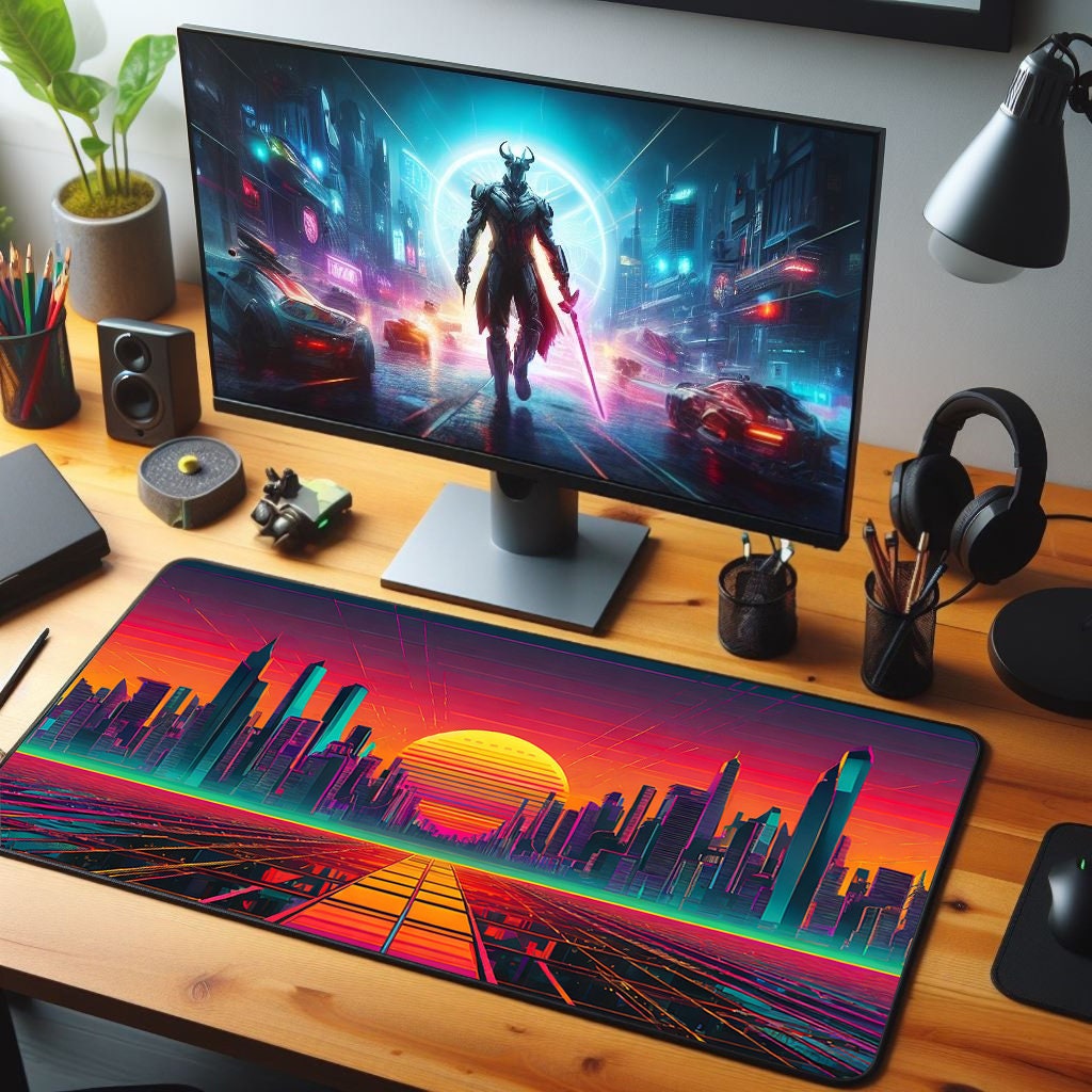 Retro Desk Mat, Futuristic Synthwave Retrowave Styled Mouse Pad, Sunset ...