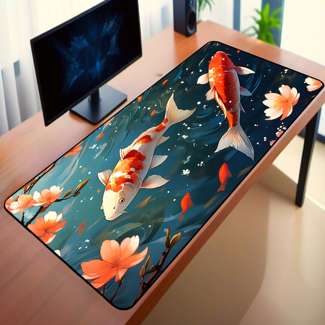 Koi Fishes Desk Mat, Celestial Japanese Mouse Pad, Colorful Desk Mat ...