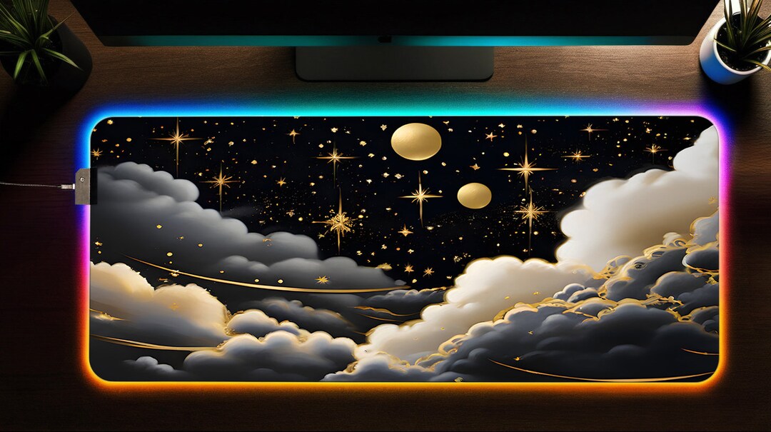 Gold Moon Celestial LED Gaming Desk Mat: Black Stars Mousepad - Etsy