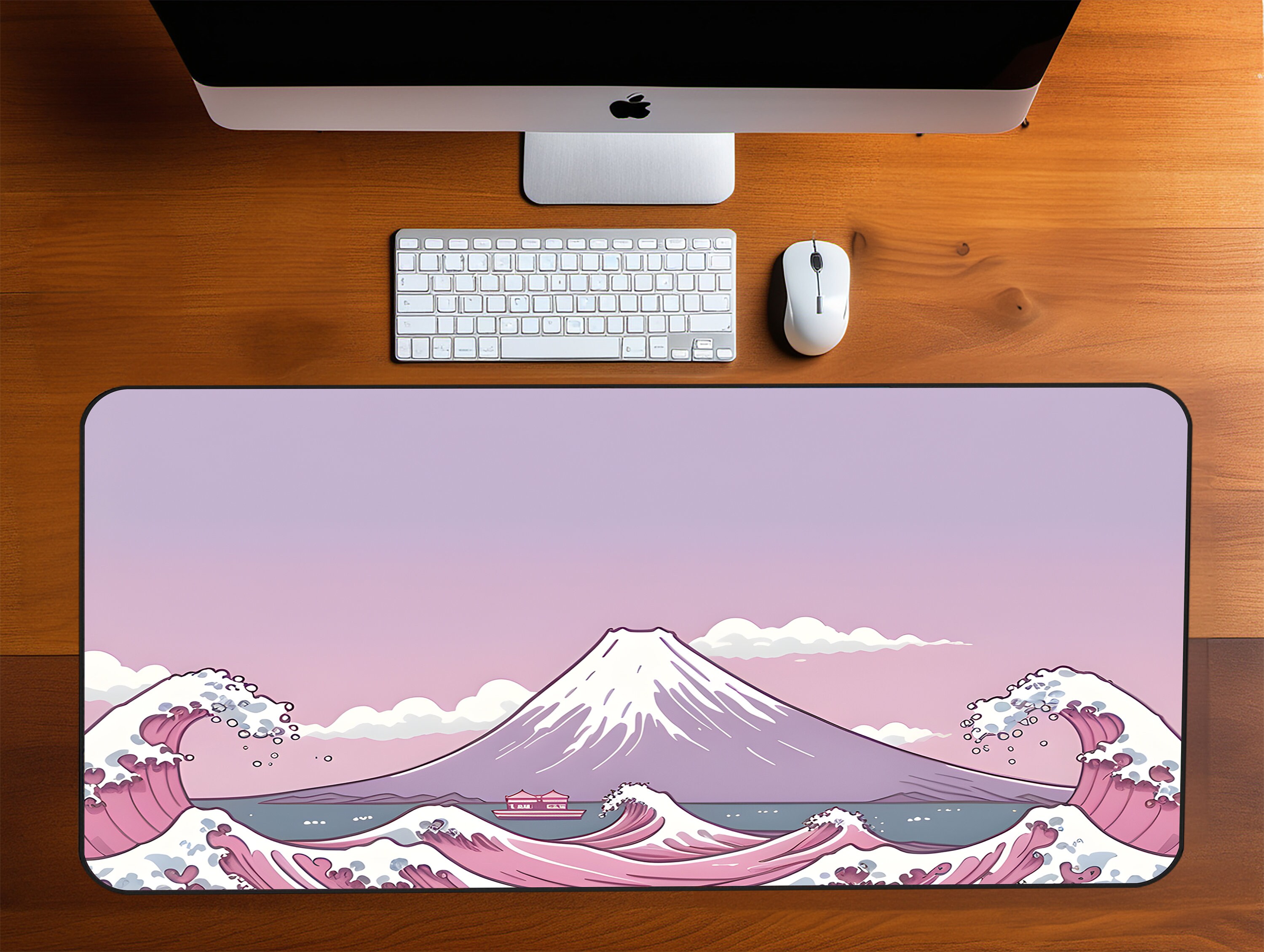 Kawaii Pink Desk Mat, Great Wave Fuji Mouse Pad, Pastel Colors Desk Pad ...