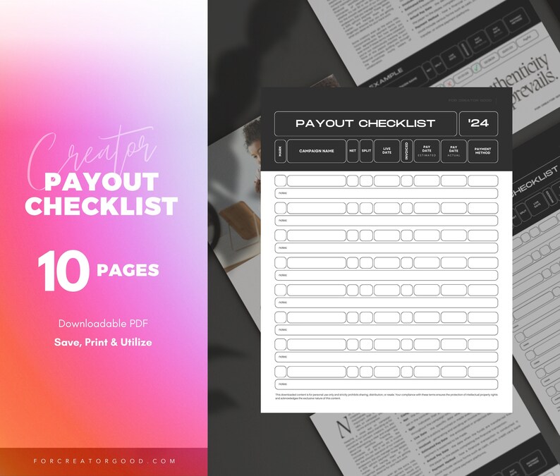 Content Creator Payout Checklist Tracker PDF Download Modern Financial ...