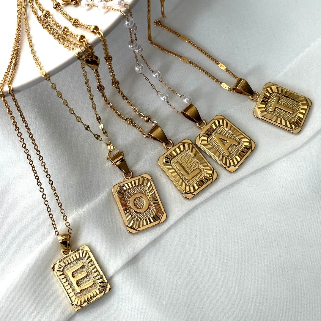 18K Medal GOLD Square Alphabet Rectangle Medallion Initial Pendant ...