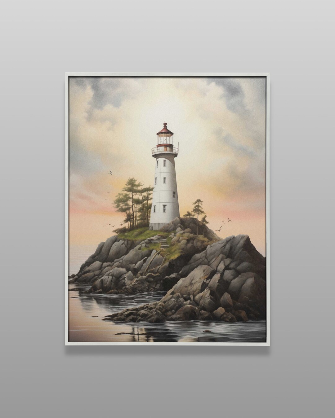 Antique Lighthouse Printable, Seascape Print, Vintage Lighthouse Oil ...