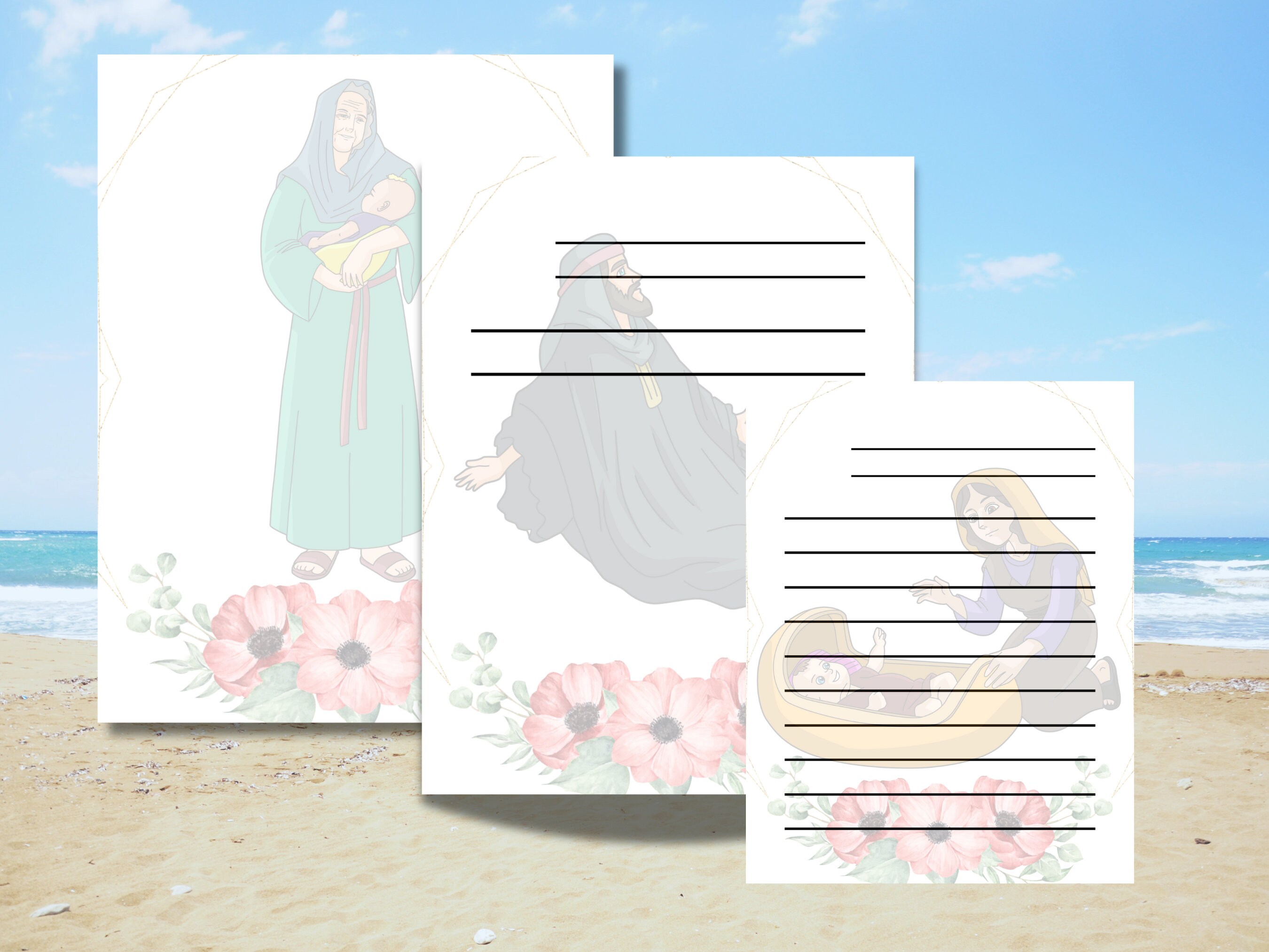 Bible Characters Printable Stationary Pack, Floral Border Lined and ...