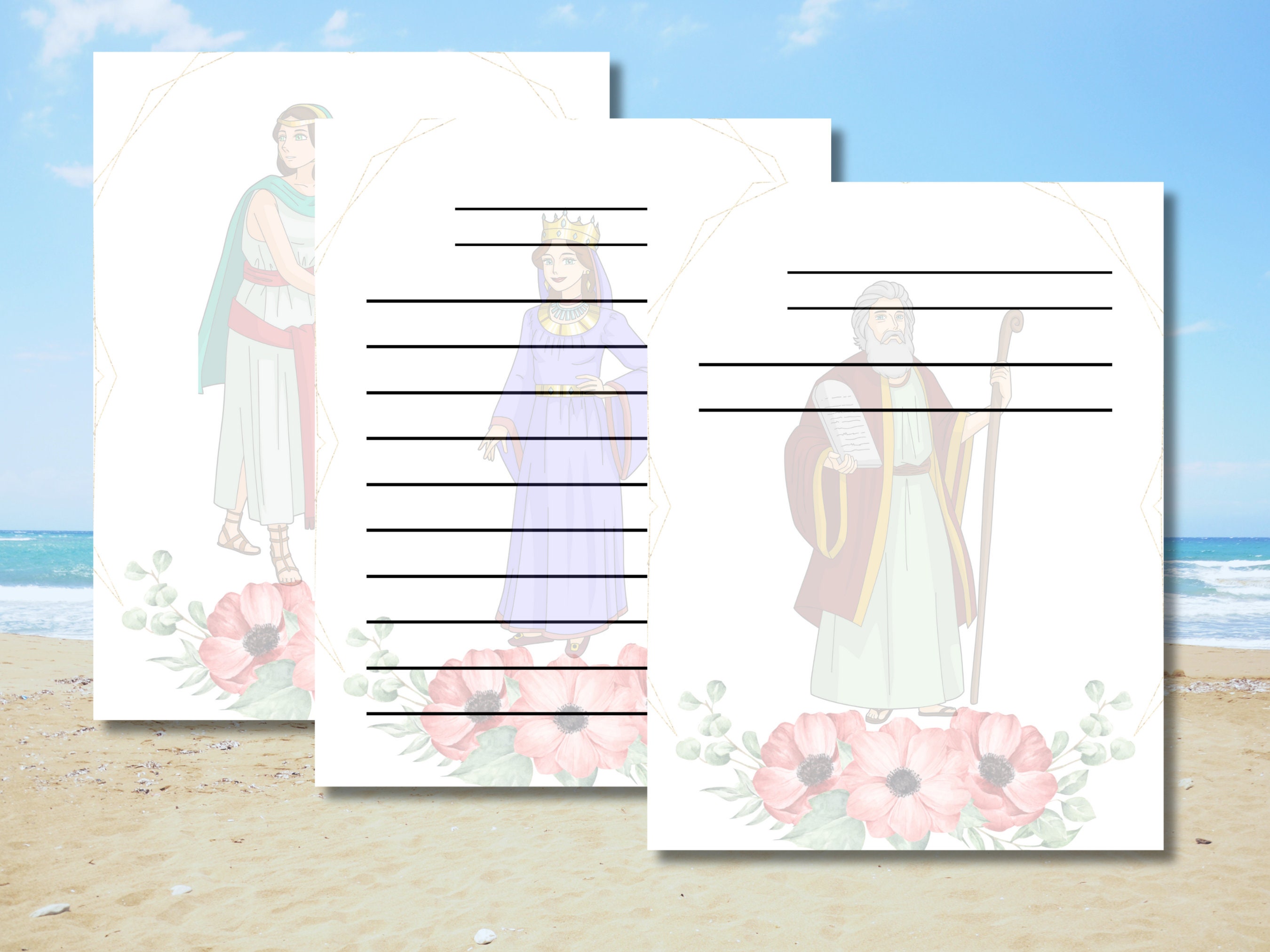 Bible Characters Printable Stationary Pack, Floral Border Lined and ...