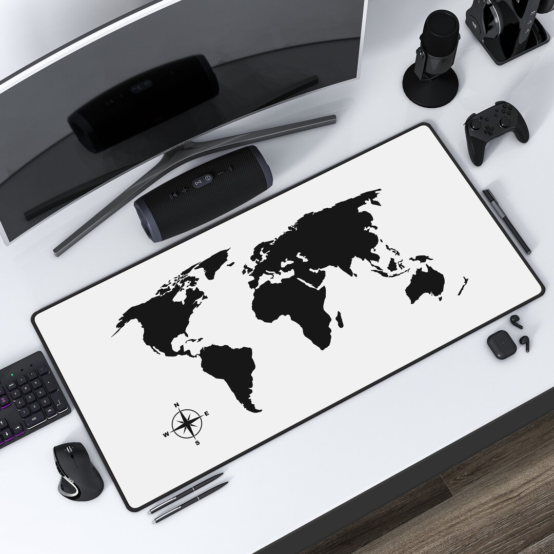 White and Black World Map Desk Mat Custom Color Mouse Pad Minimalistic ...