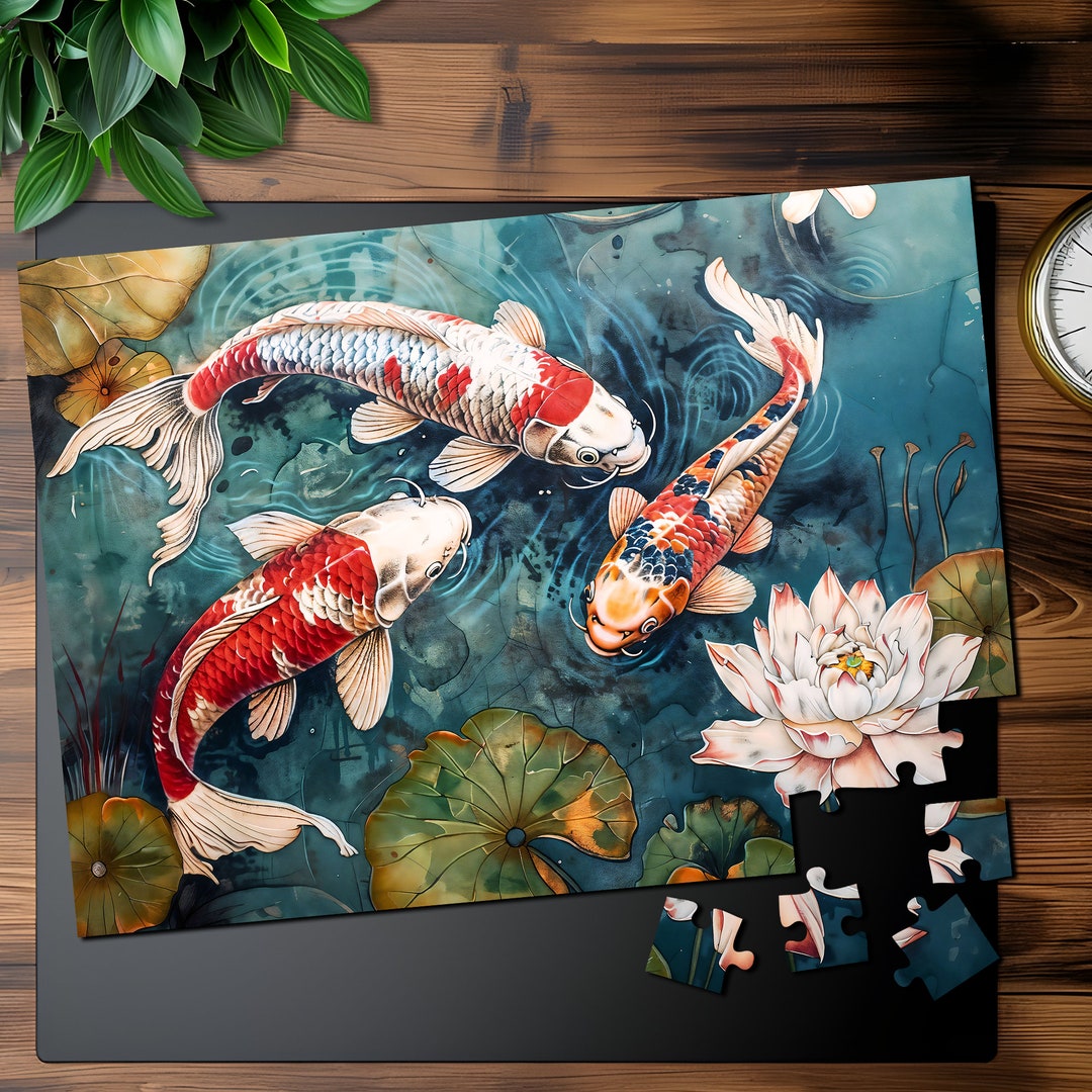 Koi Fish Pond Jigsaw Puzzle: Botanical Art, Family Game Night - Etsy