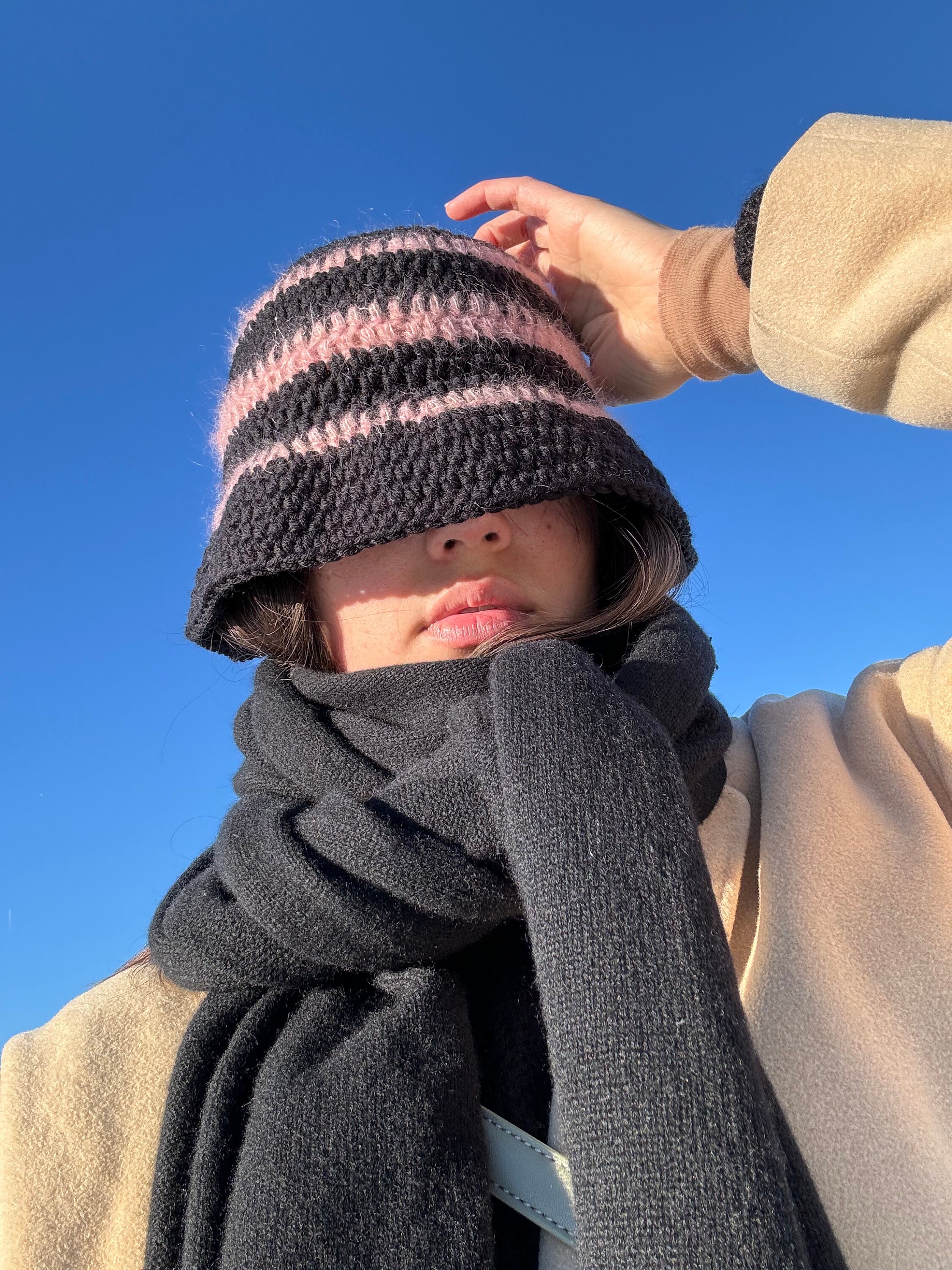 Striped Wool Hat, Black Wool Pink Mohair Hat, Cute Warm Winter Hat ...