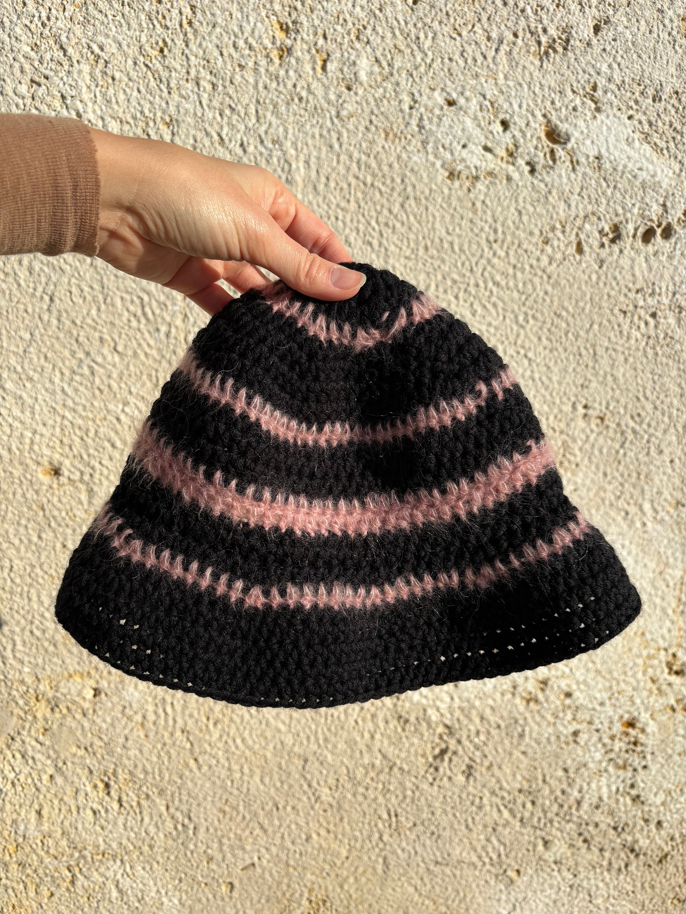 Striped Wool Hat, Black Wool Pink Mohair Hat, Cute Warm Winter Hat ...