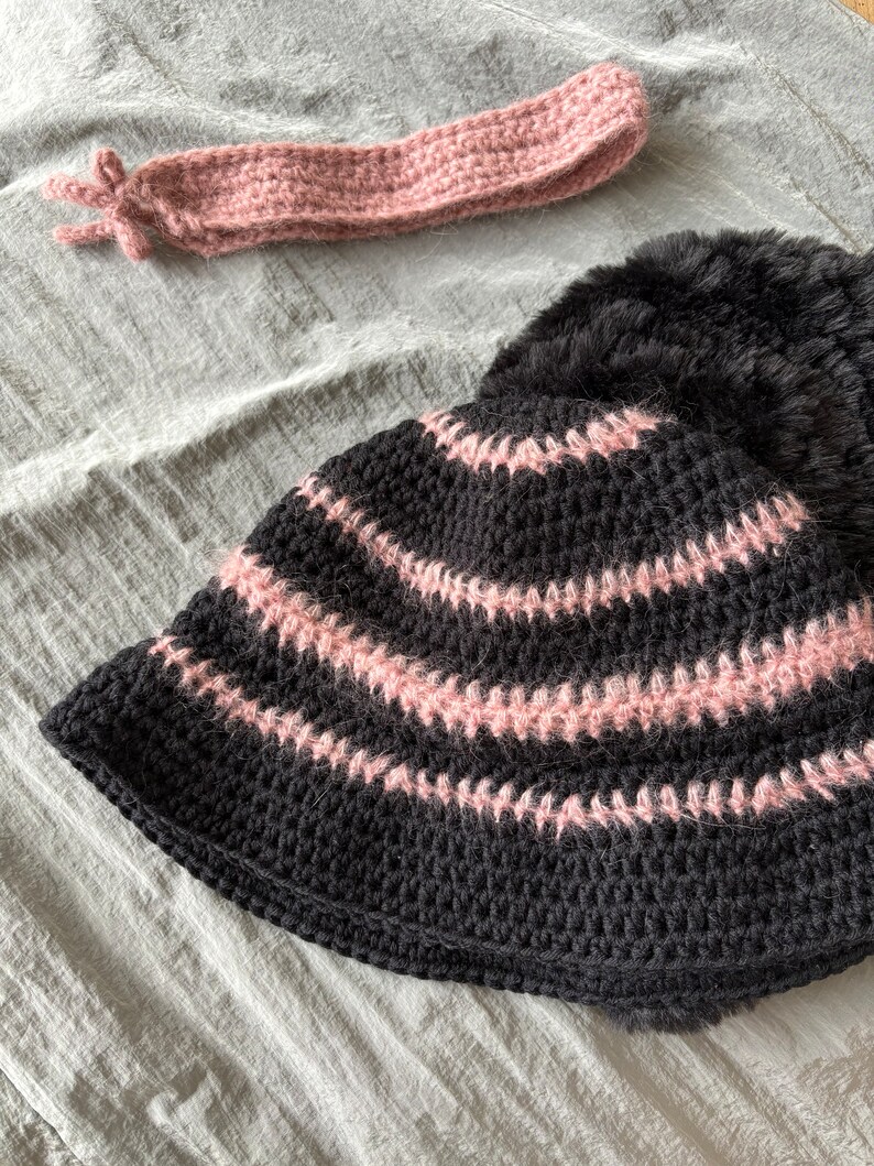 Striped Wool Hat, Black Wool Pink Mohair Hat, Cute Warm Winter Hat ...