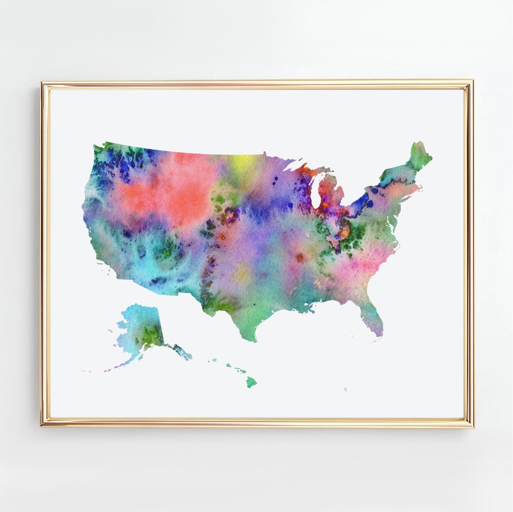 United States Map Digital Download, Large Abstract USA Watercolor Map ...