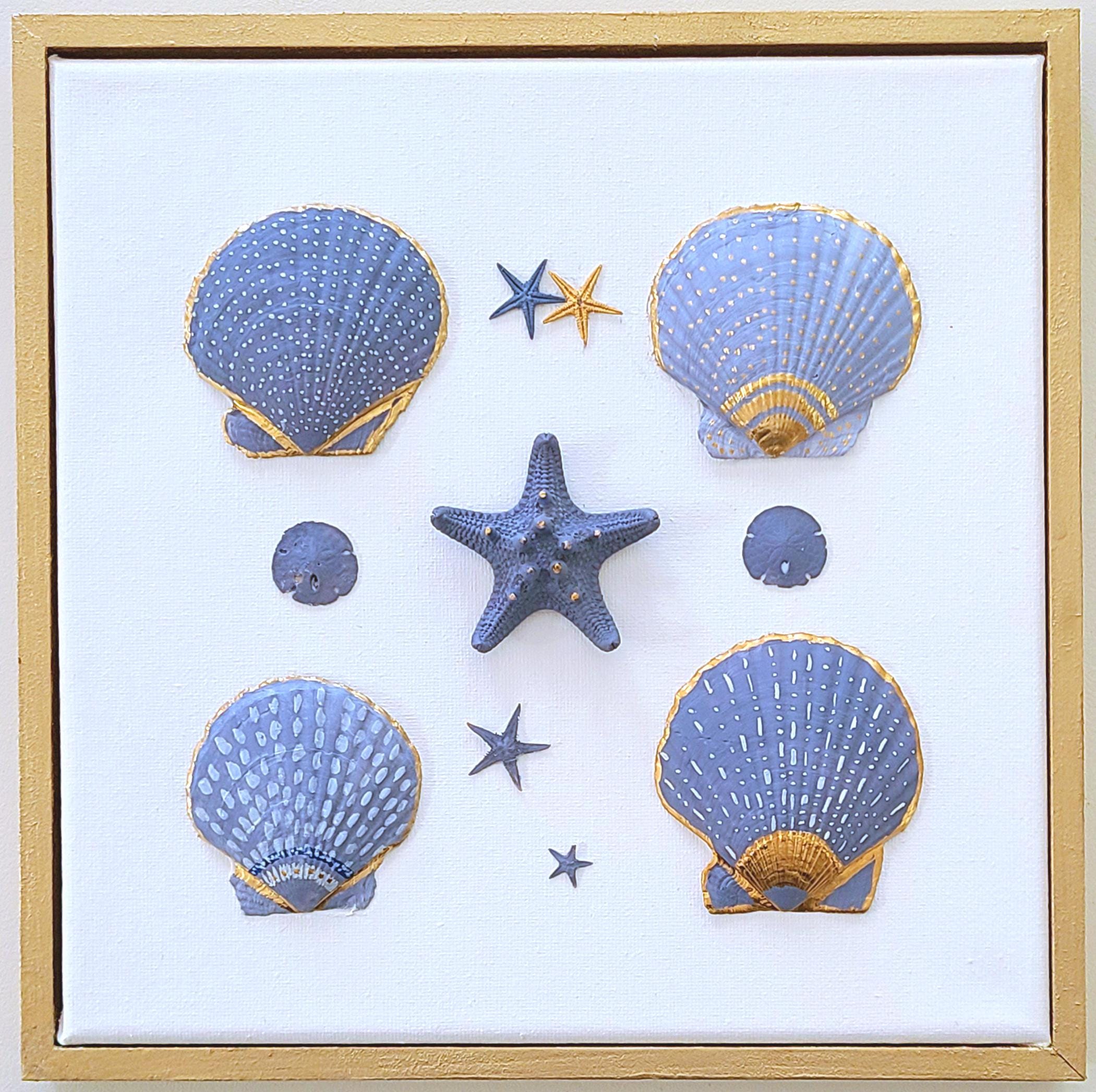 Framed Blue Gray Shell Art, 10x10 Natural Shells, Gold Highlights ...