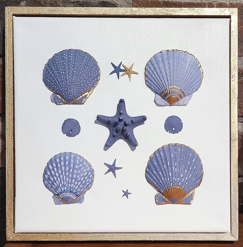 Framed Blue Gray Shell Art, 10x10 Natural Shells, Gold Highlights ...