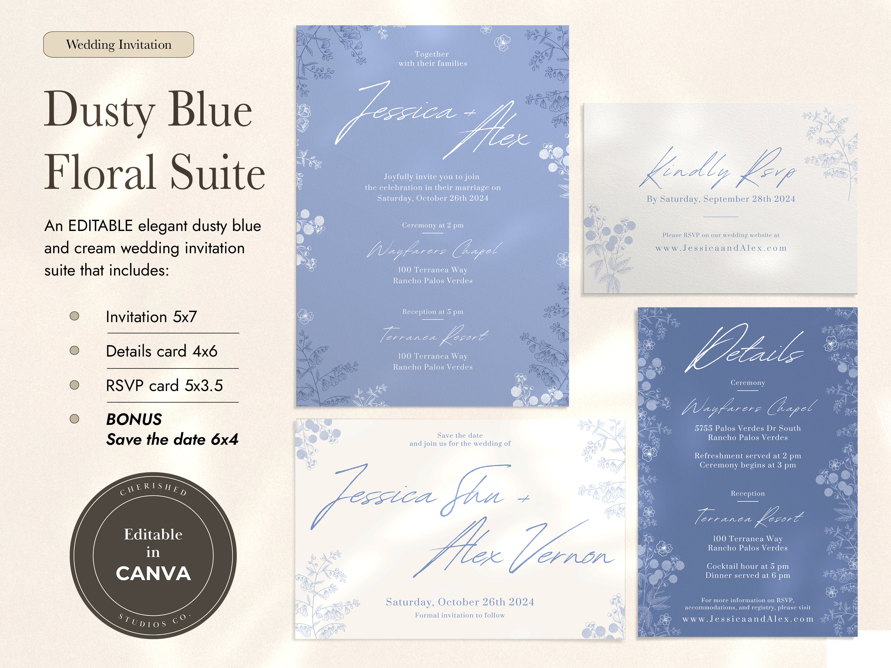 Printable Dusty Blue Floral Wedding Invitation Suite Canva Editable ...