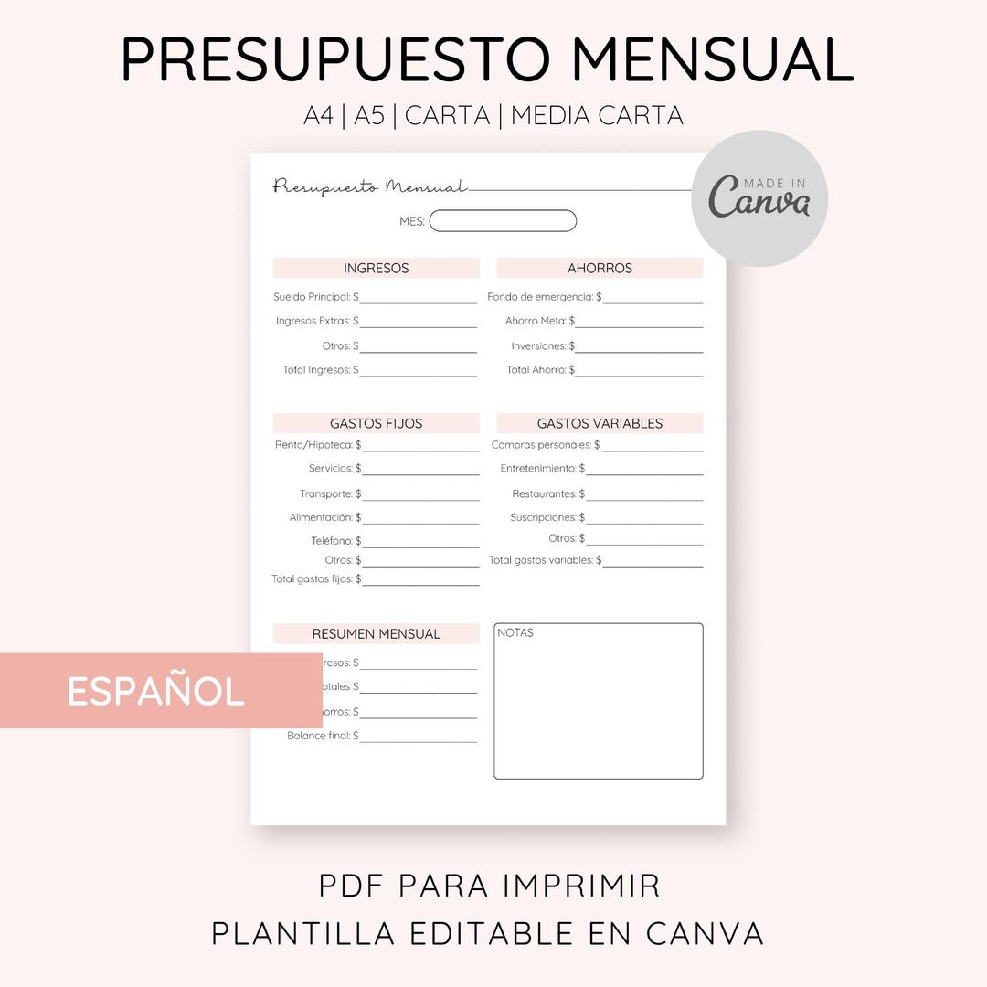 Monthly Budget Planner in Spanish | Expense Tracke | Monthly Income ...