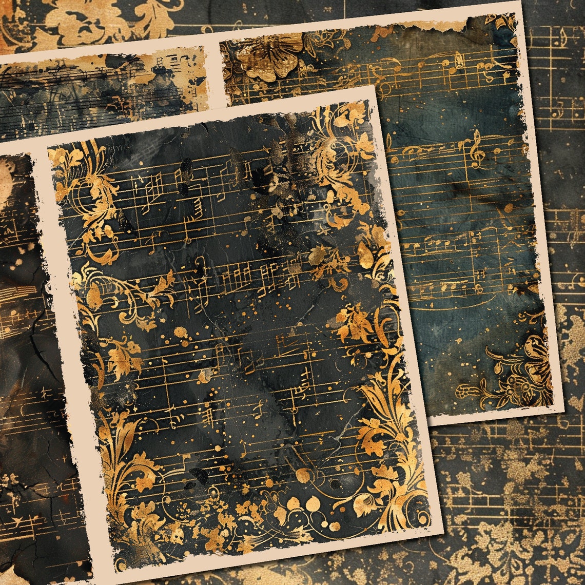 Black and Gold-themed Paper Sheets for Junk Journals.floral Patterns ...