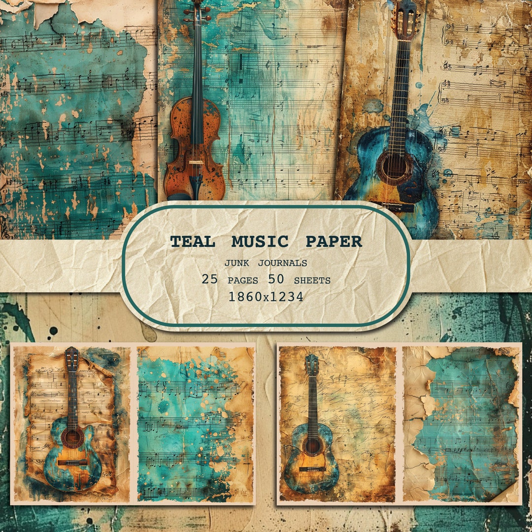 Music Vintage Teal Paper, Rustic Guitar Violin Music Teal Paper ...