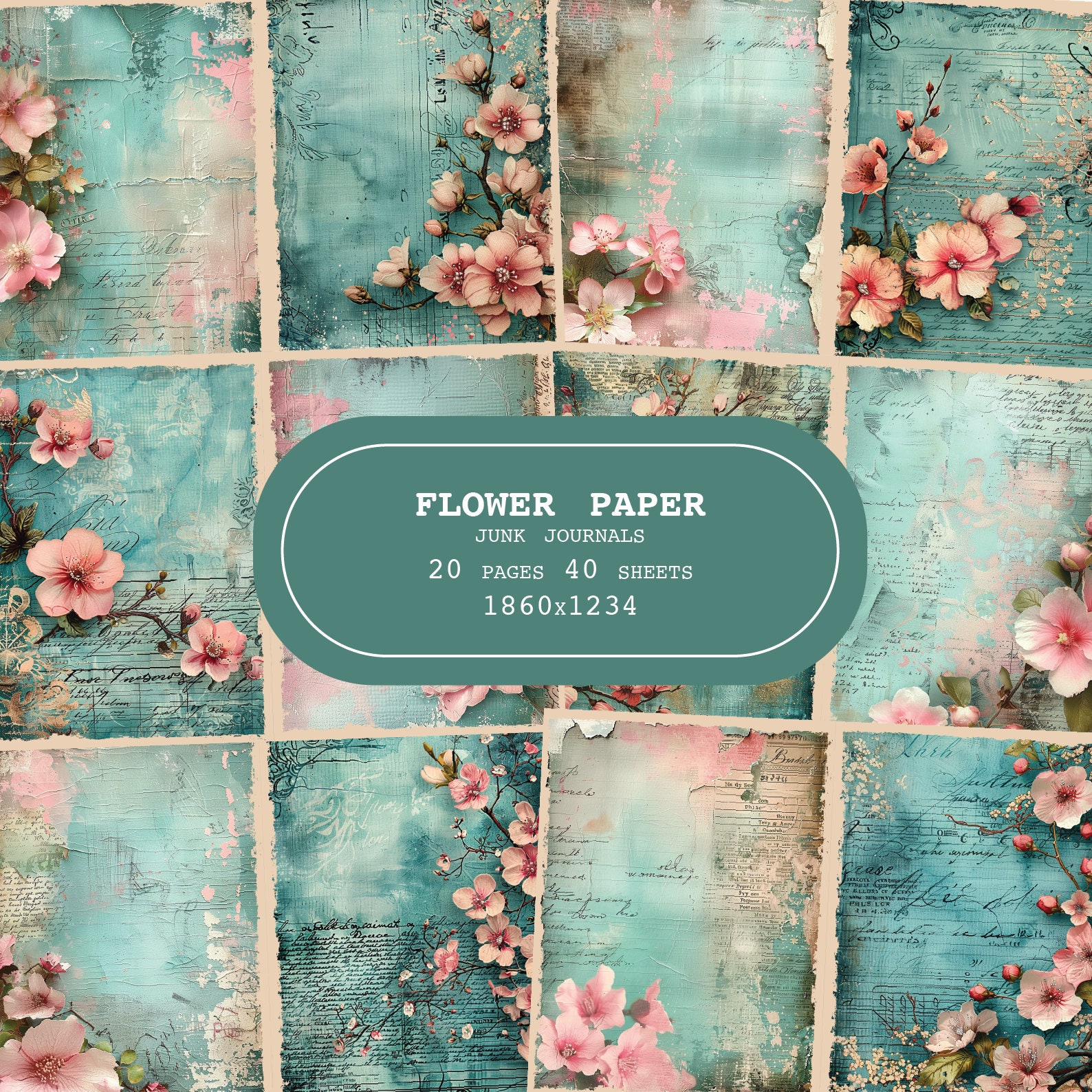 Old Shabby Teal Paper, Vintage Rustic Shabby Pink Flower Paper ...