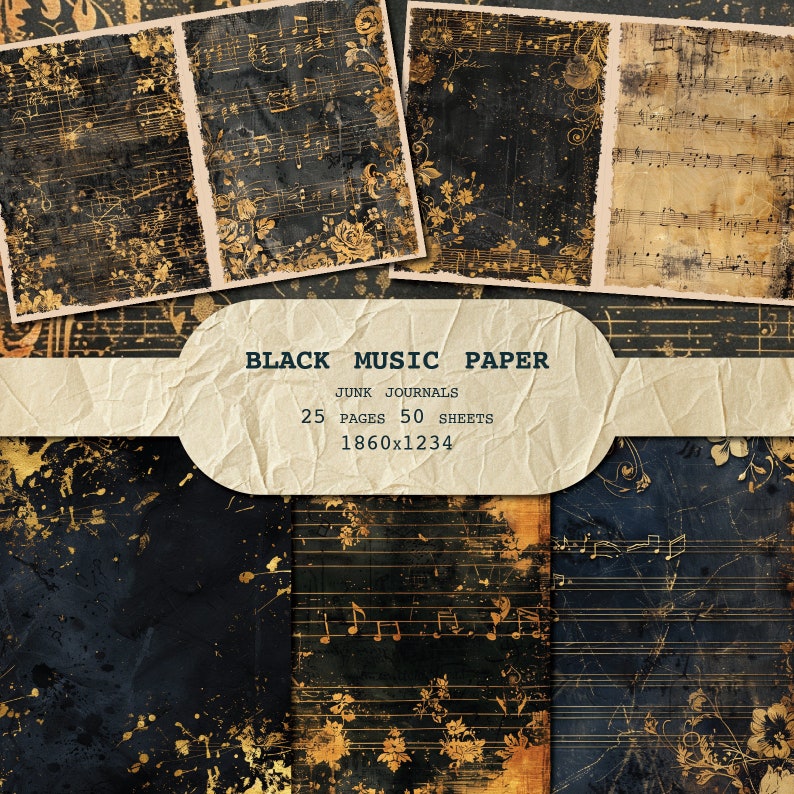 Black and Gold-themed Paper Sheets for Junk Journals.floral Patterns ...