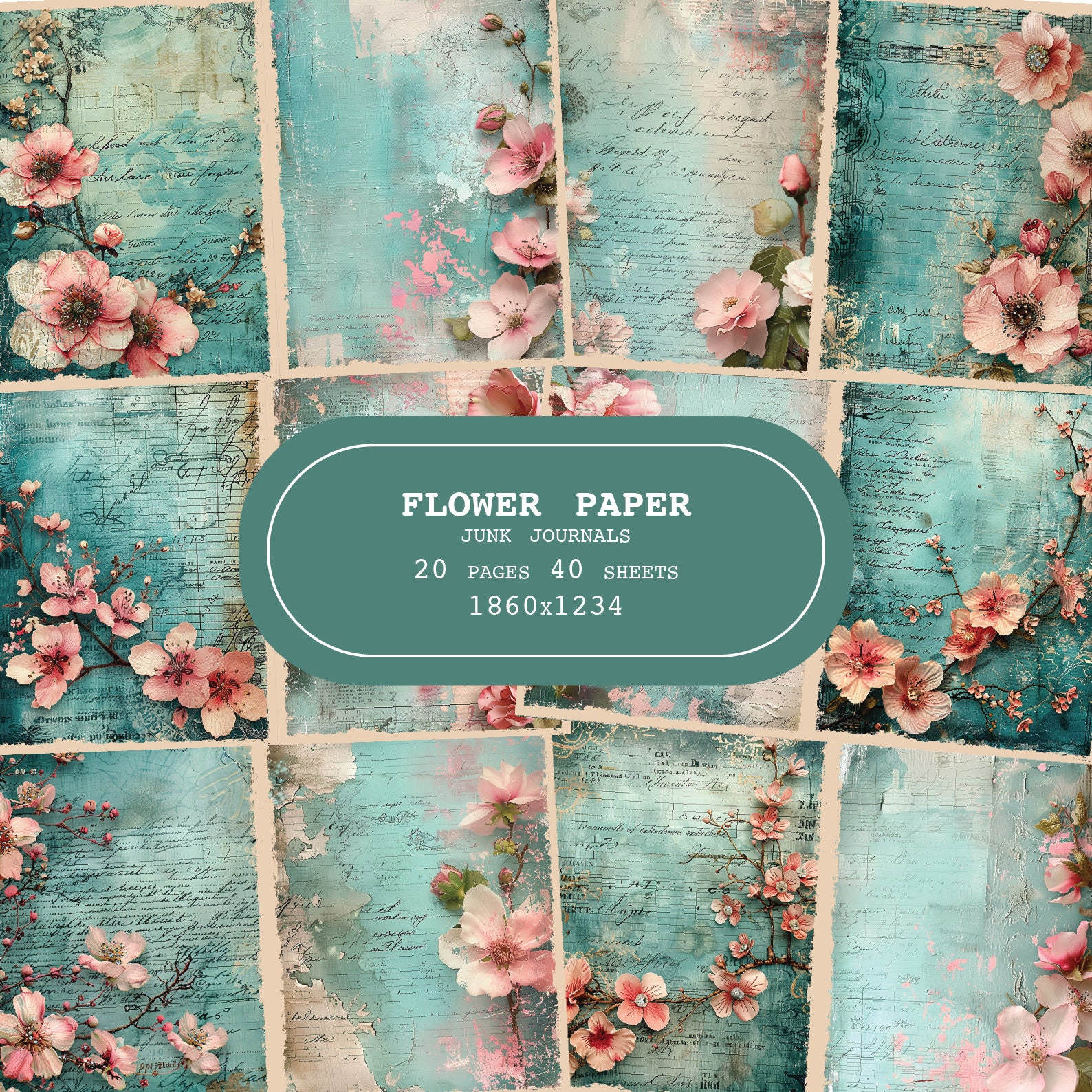 Old Shabby Teal Paper, Vintage Rustic Shabby Pink Flower Paper ...