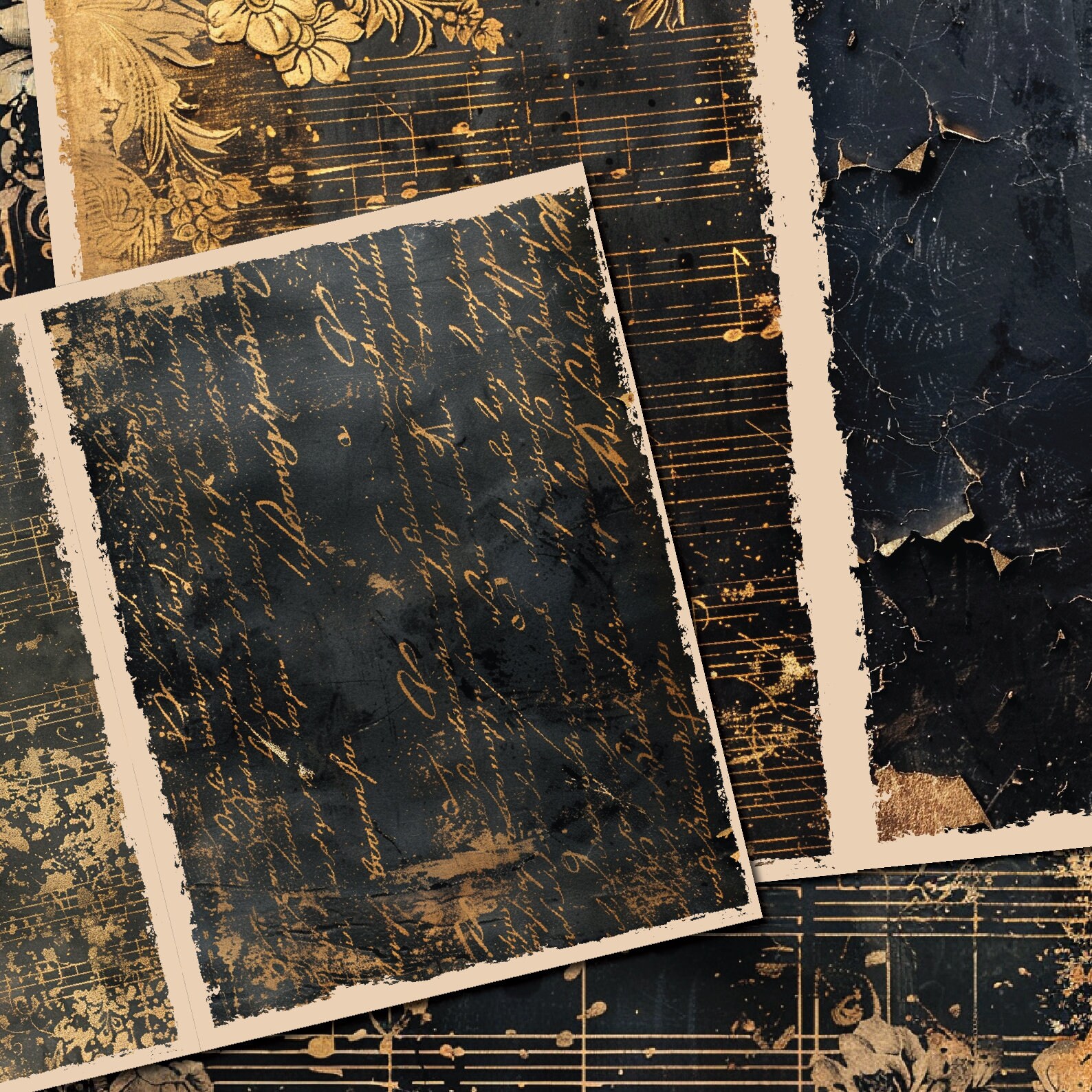 Black and Gold-themed Paper Sheets for Junk Journals.floral Patterns ...