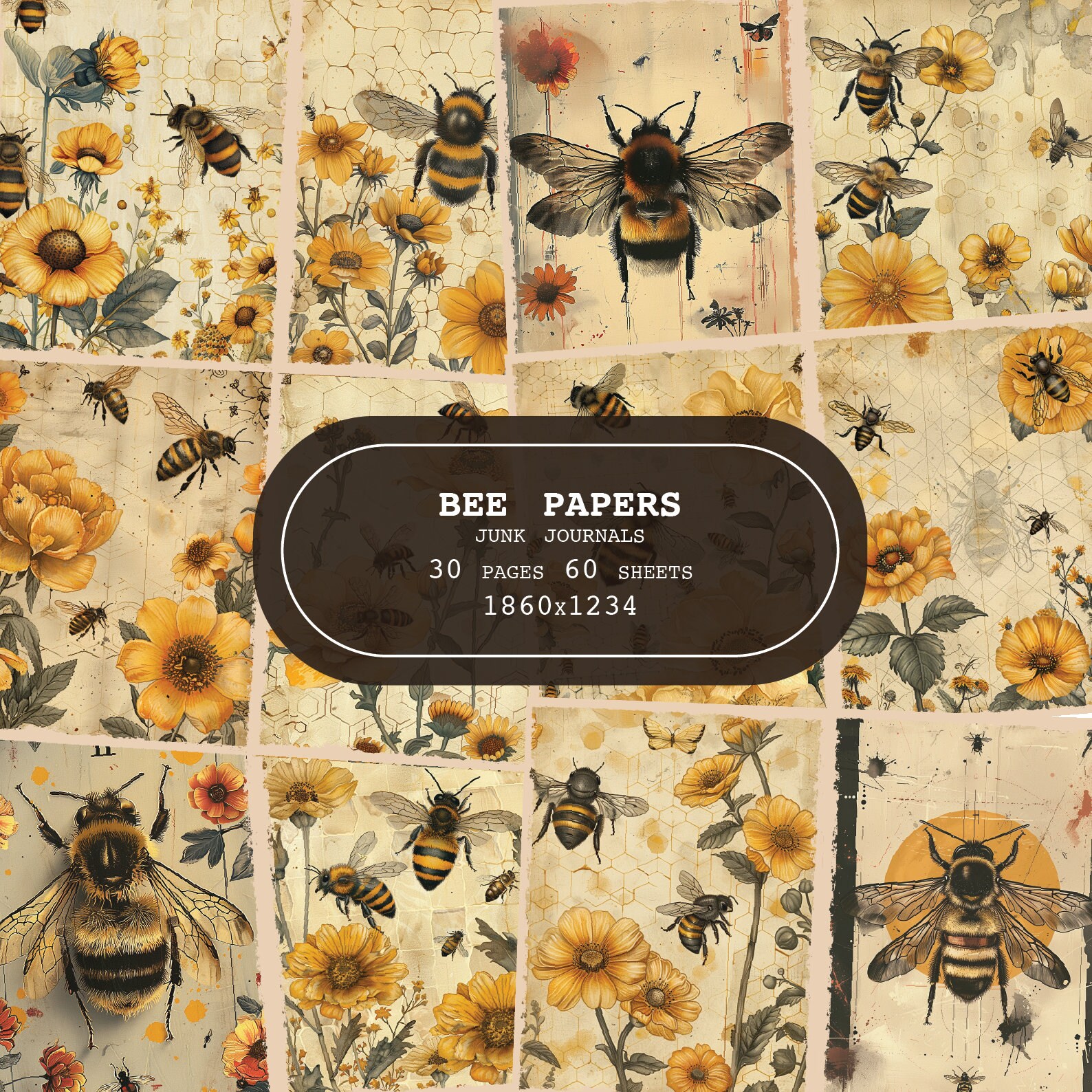 Sunflower Bees Digital Paper Seamless Gold Honey Bee Patterns Printable ...