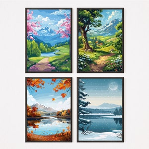 Four Seasons Landscape Art Print Set – Minimalist Home Decor (digital ...