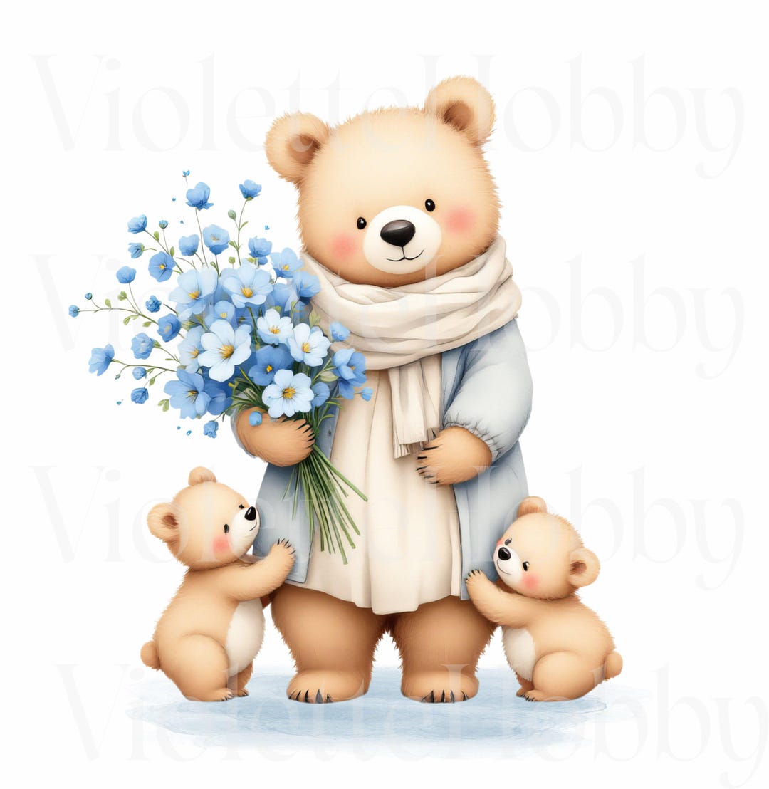 Mother's Day Bear Clipart, Cute Teddy Bear Mom and Baby PNG, Floral ...