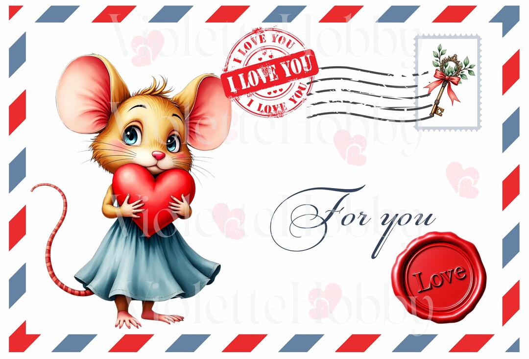 Valentine's Day Mouse Clipart | 8 JPEG Postcard Illustrations | Cute ...