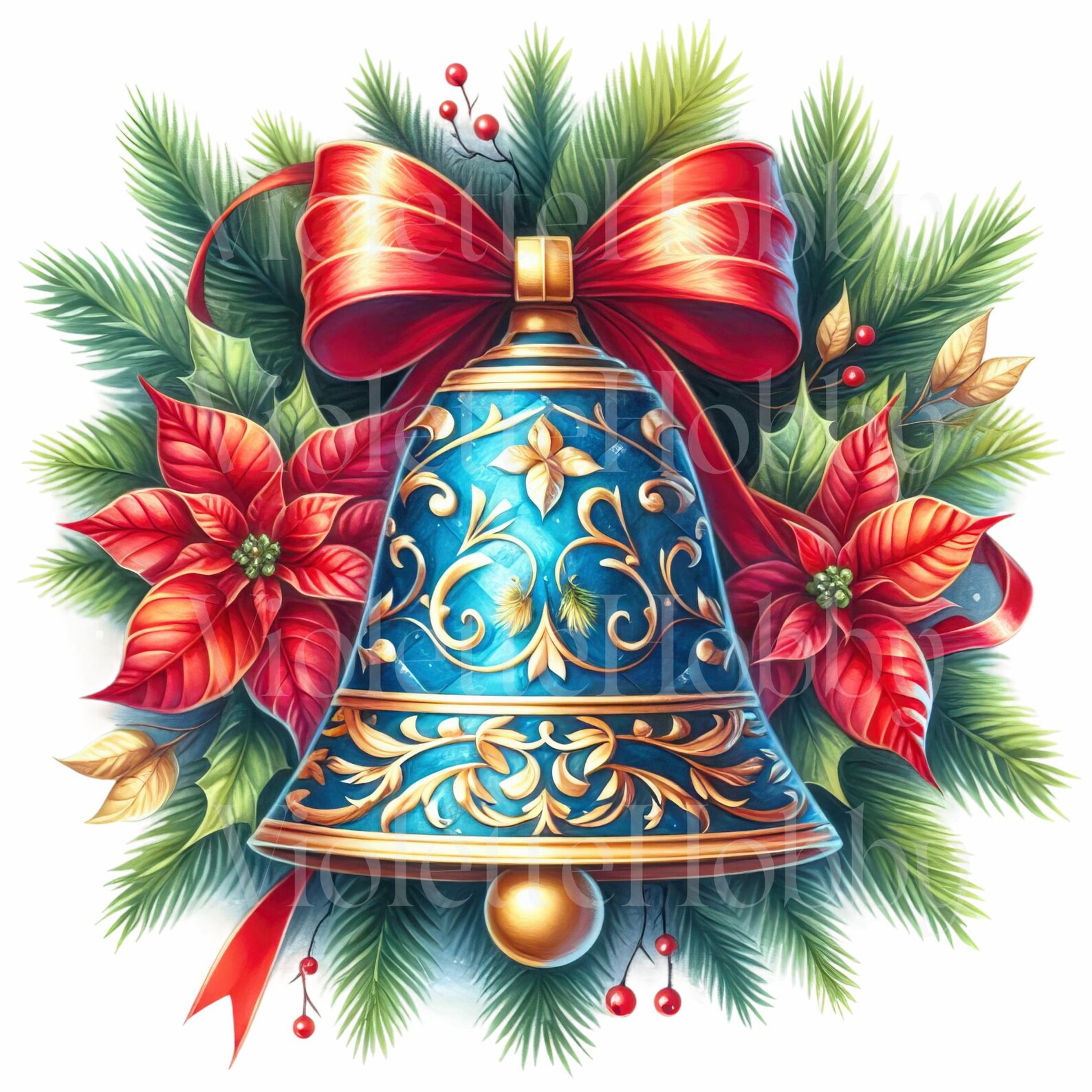 Christmas Bell PNG Clipart Set, Holiday Bells With Poinsettias ...