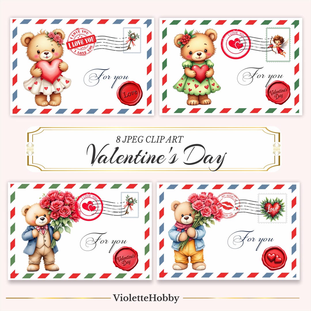 Teddy Bear Valentine Postcard Clipart: 8 JPEG Designs (digital Download ...