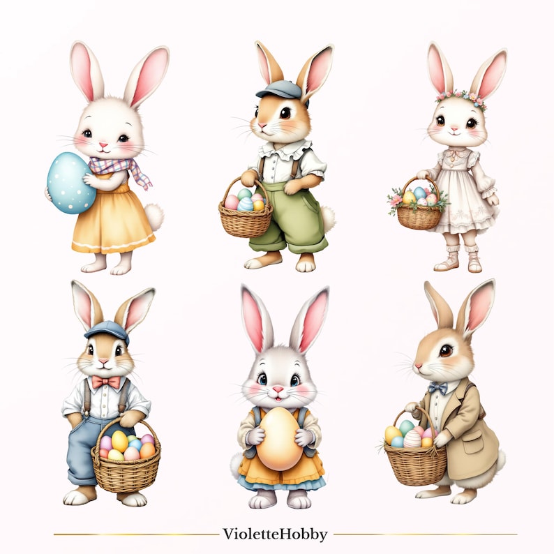 20 PNG Easter Clipart | Vintage Bunnies With Baskets | Cute Rabbit ...