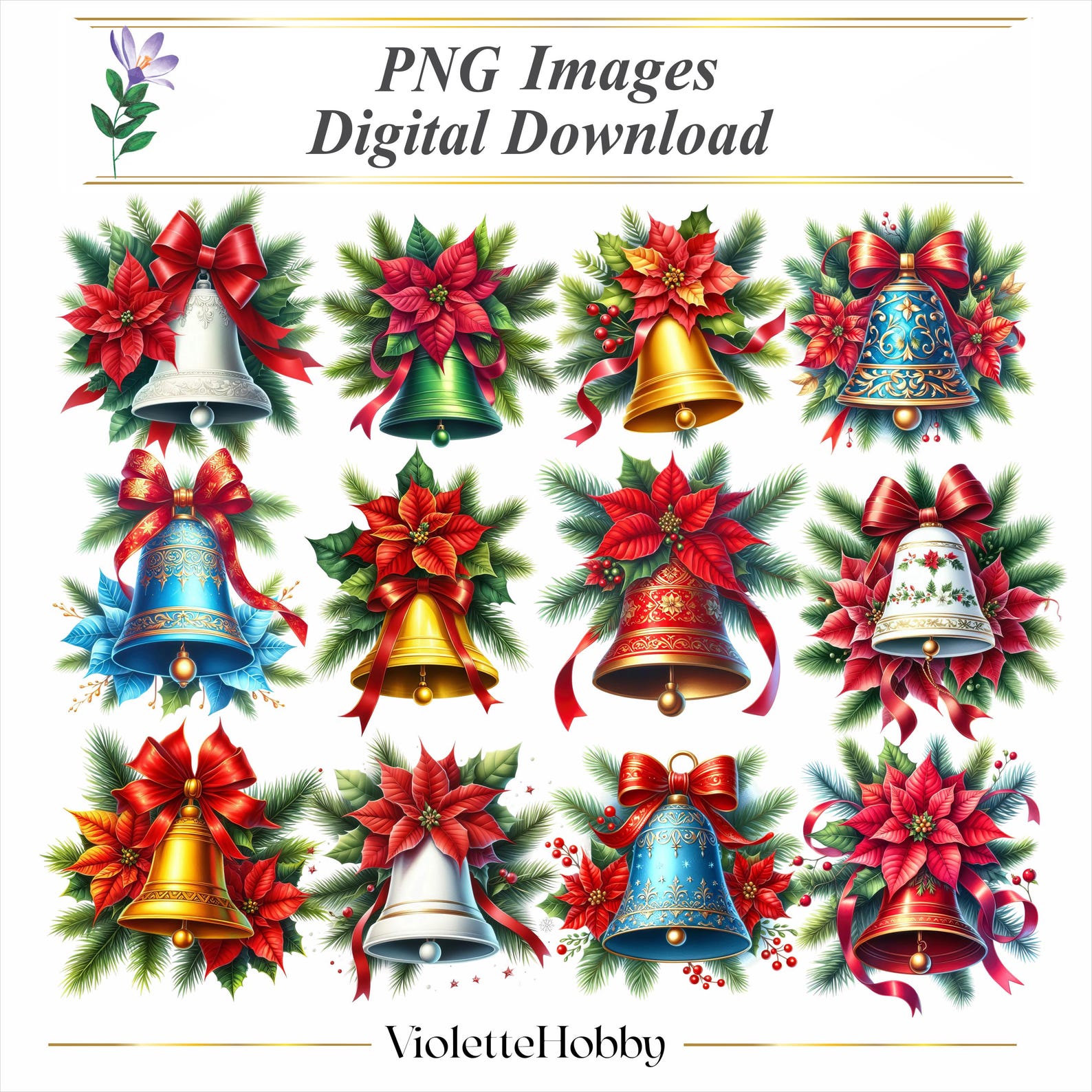 Christmas Bell PNG Clipart Set, Holiday Bells With Poinsettias ...