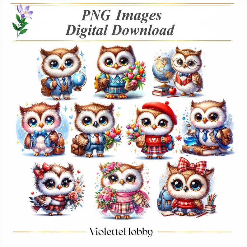 10 Png|back to School|adorable Cartoon Owl Illustrations - Digital PNG ...