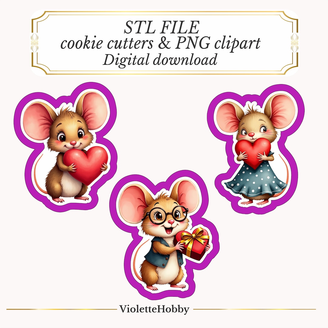 Mouse Cookie Cutters and Clipart Set - 3 STL Files in 2 Sizes and 3 PNG ...