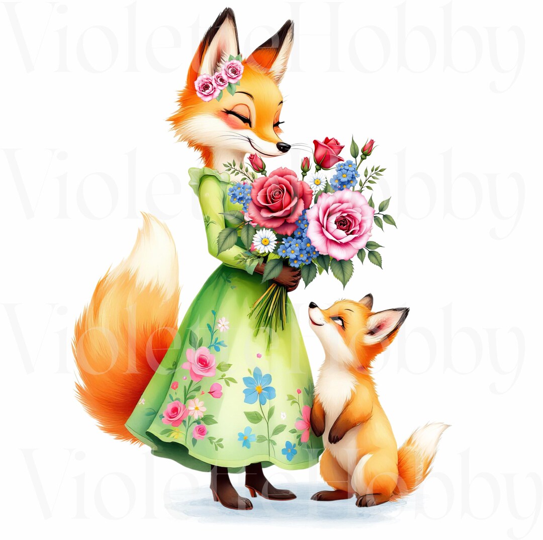 Fox Mom and Baby Clipart, Mother's Day Watercolor Fox PNG, Cute ...