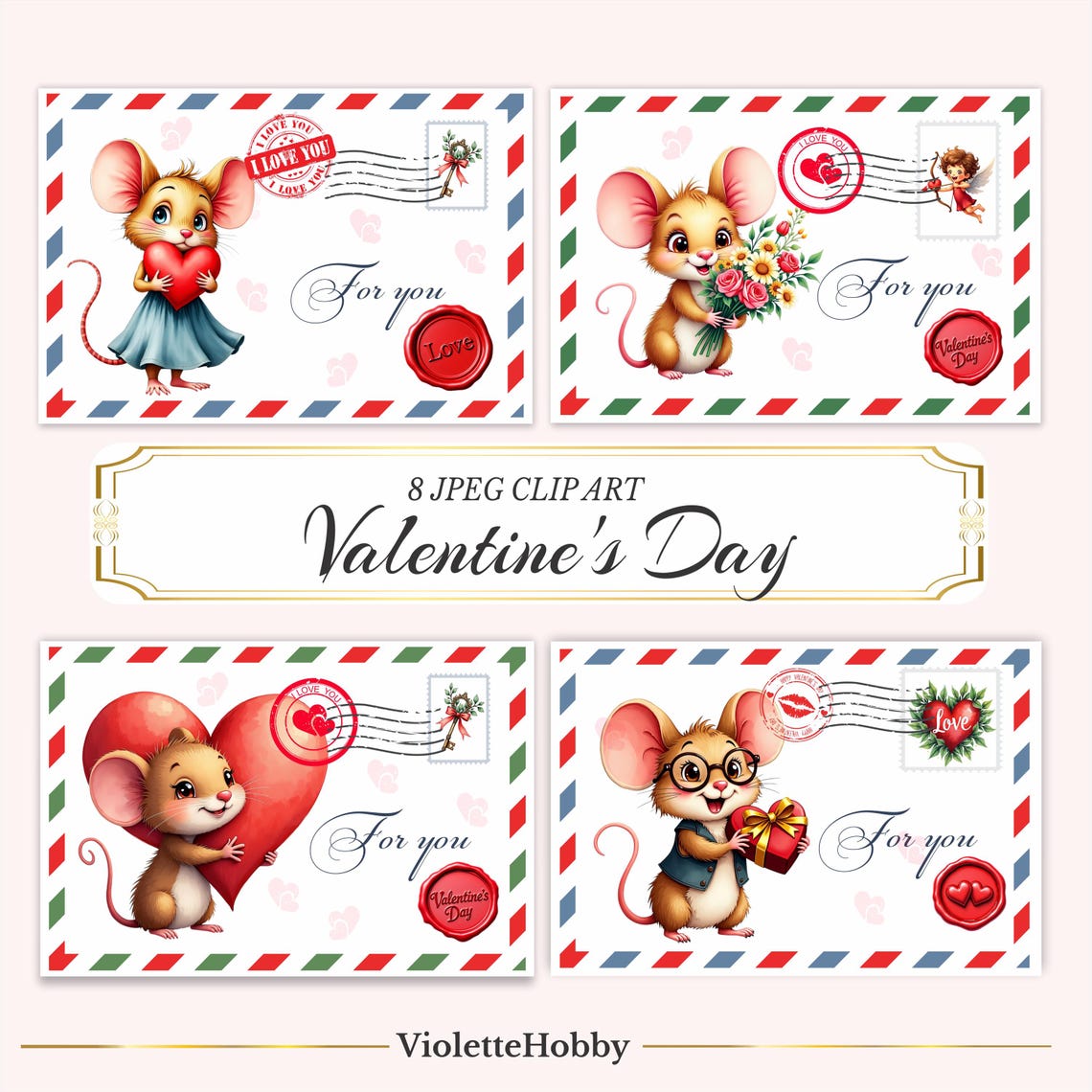 Valentine's Day Mouse Clipart | 8 JPEG Postcard Illustrations | Cute ...